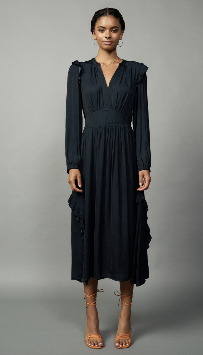 Long Sleeve Split Neck Smocked Midi Dress | Stone and Sparrow Apparel